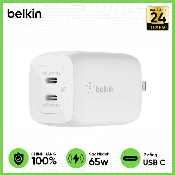 Củ Sạc Nhanh BELKIN 2 Cổng USB-C 65W PD 3.0 PPS GaN White (WCH013 ...